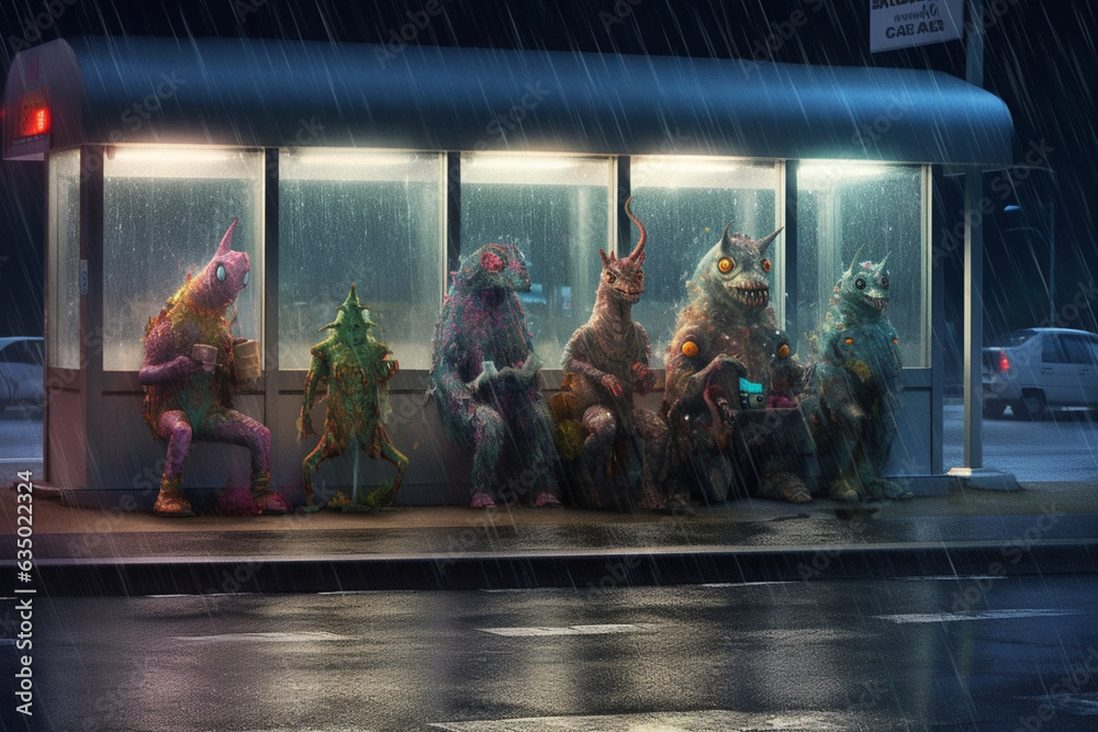 Colorful cute alien monsters waiting for the bus at night. Jammed at ...