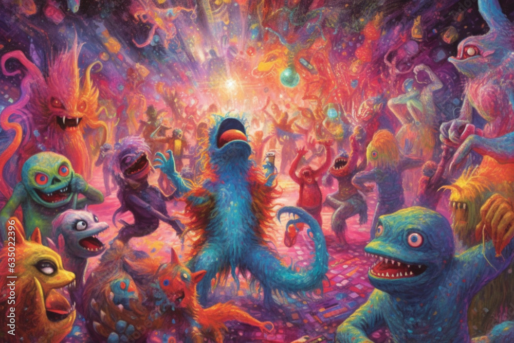 Funny-looking colorful monsters having fun. Junkie aliens partying ...