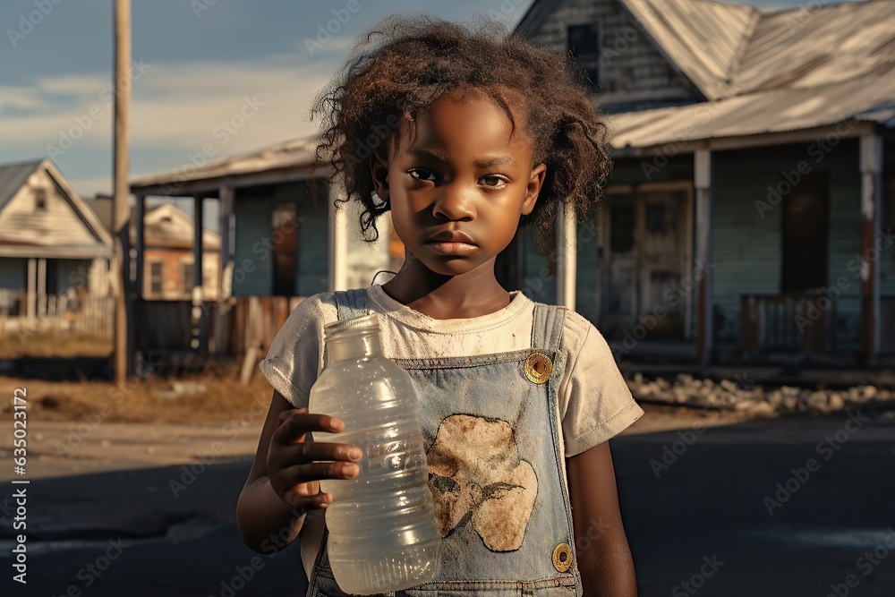 A thin African girl in poor clothes holds a bottle of water against the ...