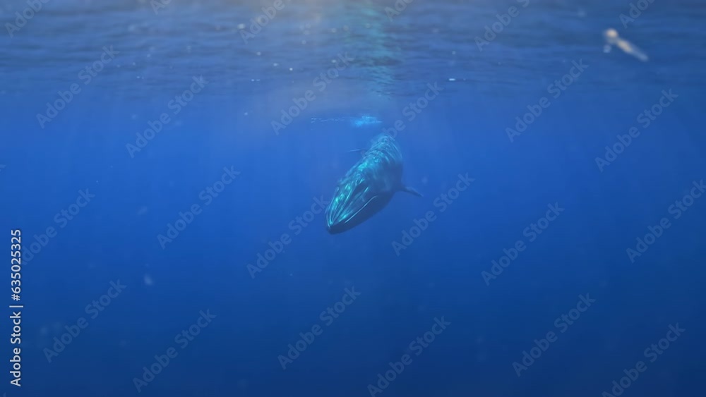 Sei Whale or Fin Whale passing camera to give a size perspective. whales swimming near camera ...