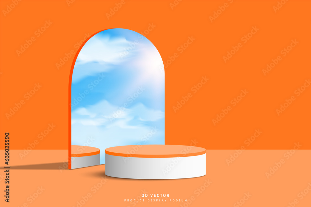 3D white orange podium display. cylinder pedestal or stage for showcase ...