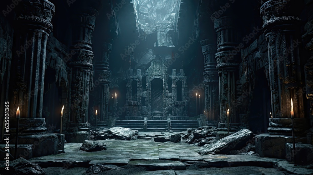 underground temple, dark cavern columns with ruins etched into them ...
