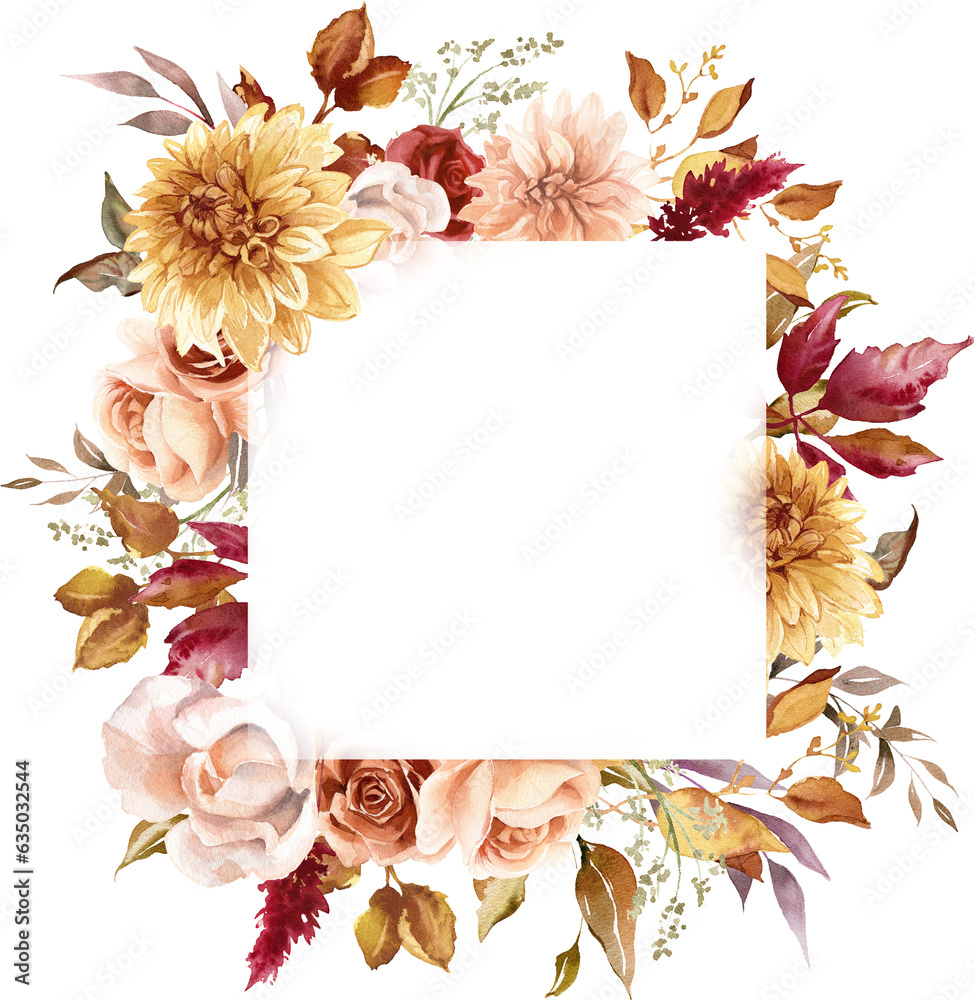 Autumn floral square frame PNG. Fall wreath. Rusty flowers border ...