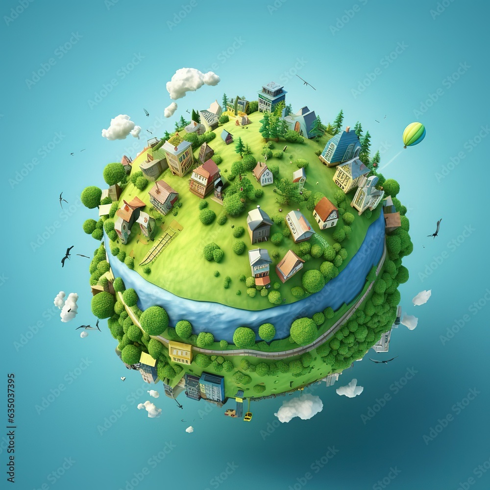 Earth globe with greenery and blue water with buildings and houses ...