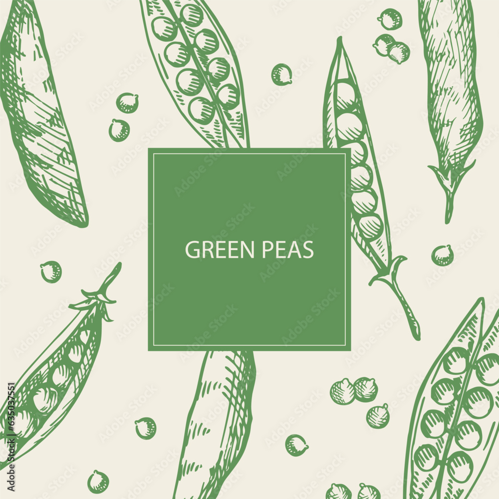 Pea label template background. Hand drawn frame backdrop with pea ...