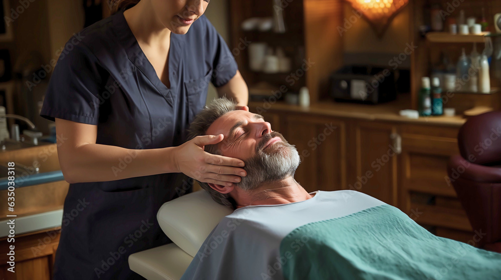 An osteopath attentively oversees a patient's posture, ensuring ...