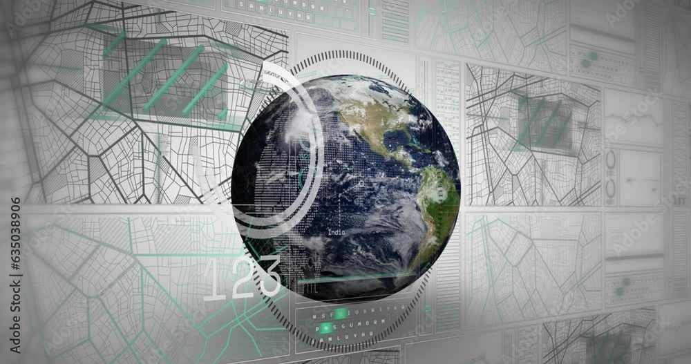 Animation of navigation pattern, loading circles, changing numbers over globe on white ...