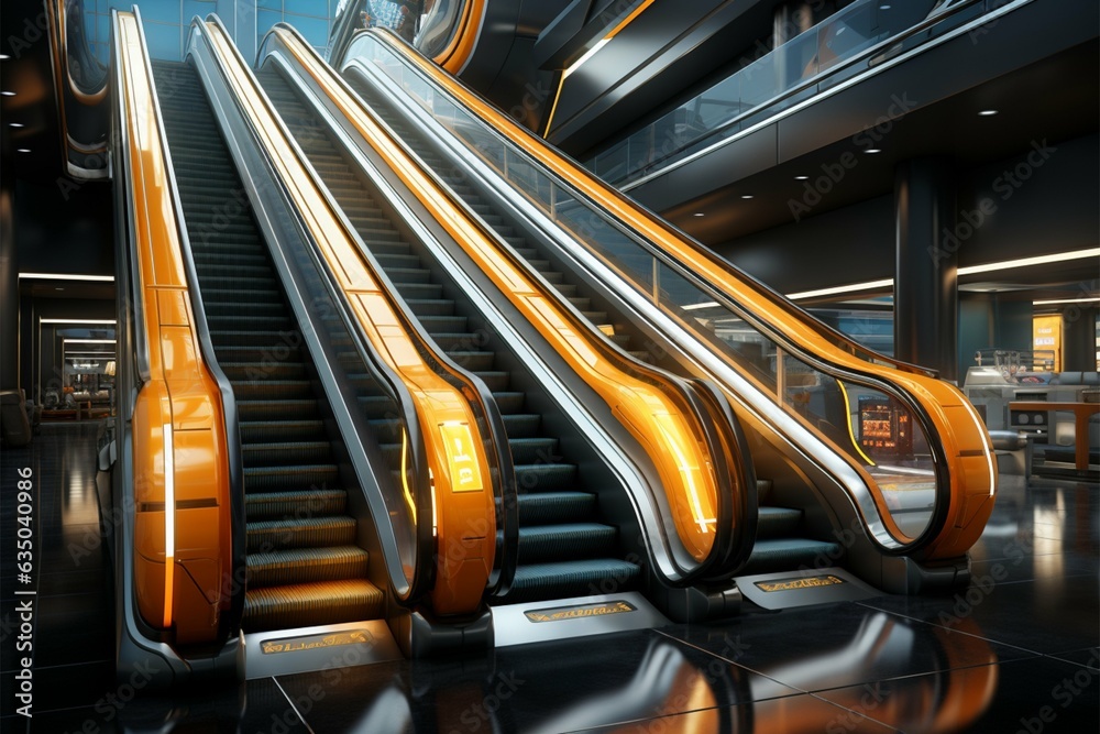 Intricate mechanics Escalators details highlighted in urban building or ...