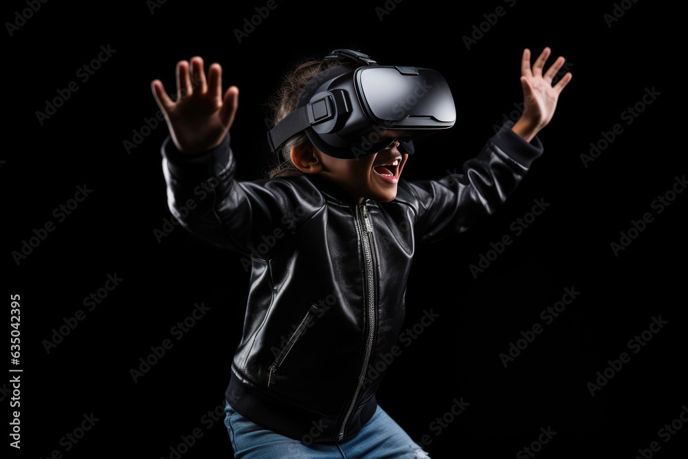 Little Girl Wearing Leather Jacket And Virtual Reality Headset. Leather ...