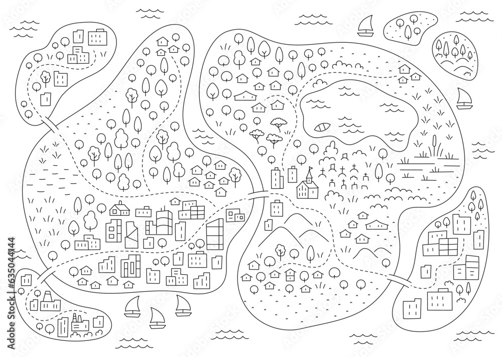 Islands map. Forest and city on the island. Editable outline sketch ...