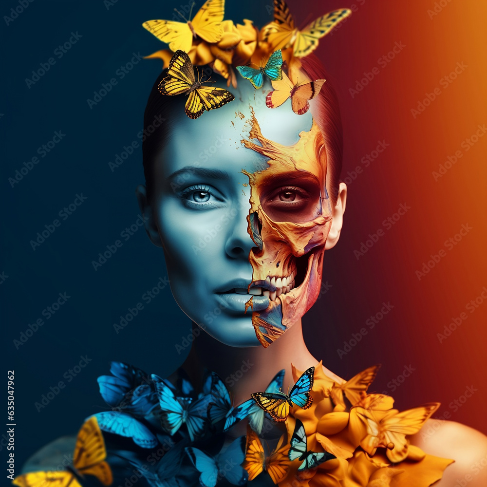 Beauty is skin deep concept. A vibrant-coloured woman's face with half ...