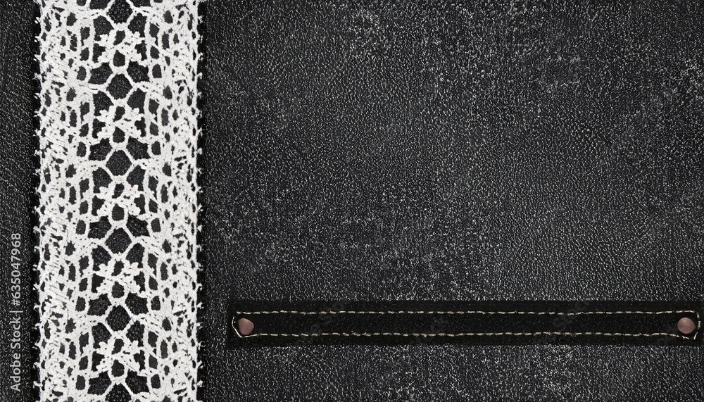 Black denim background with lace borders and small leather label. Dark ...