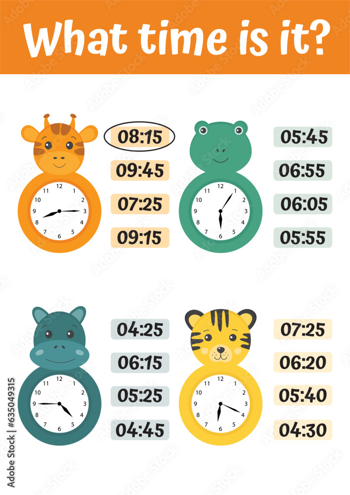 Worksheet for school kids to identify the time. Tell time set with ...