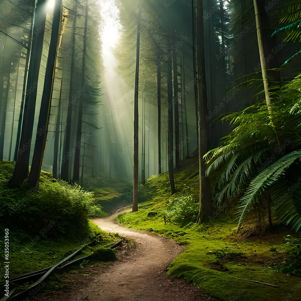 Trail in deep forest scene. Deep forest trail in woods. Generative AI ...