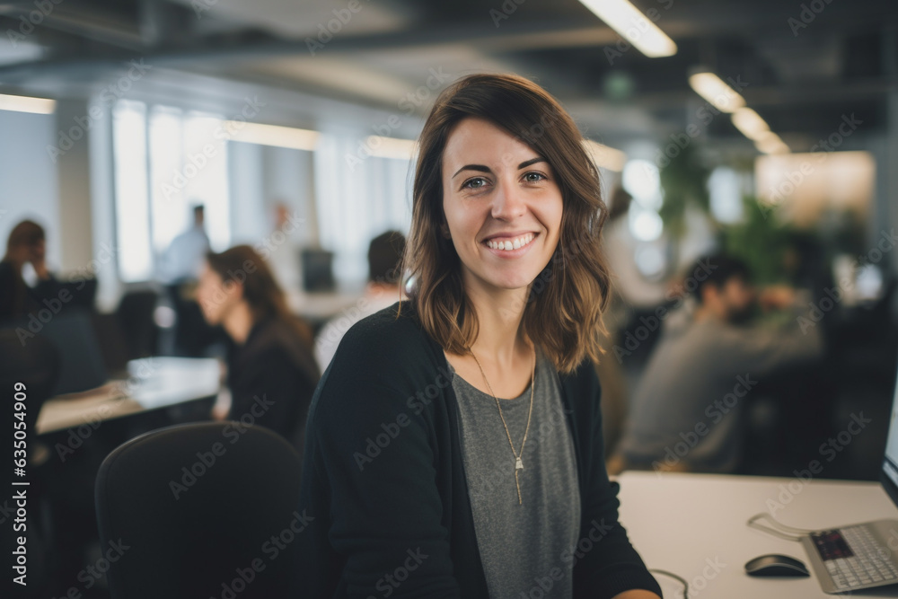 happy professional Caucasian woman can be seen diligently working at ...
