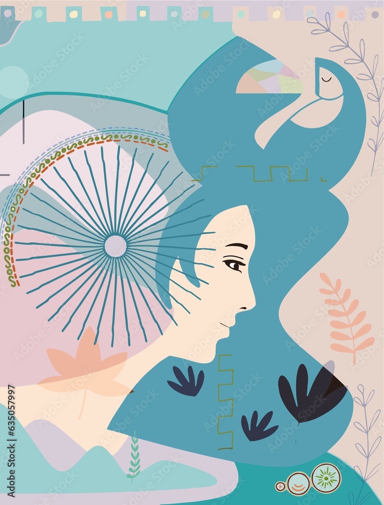 Native girl in the sun with a toucan bird and flowers and leaves ...