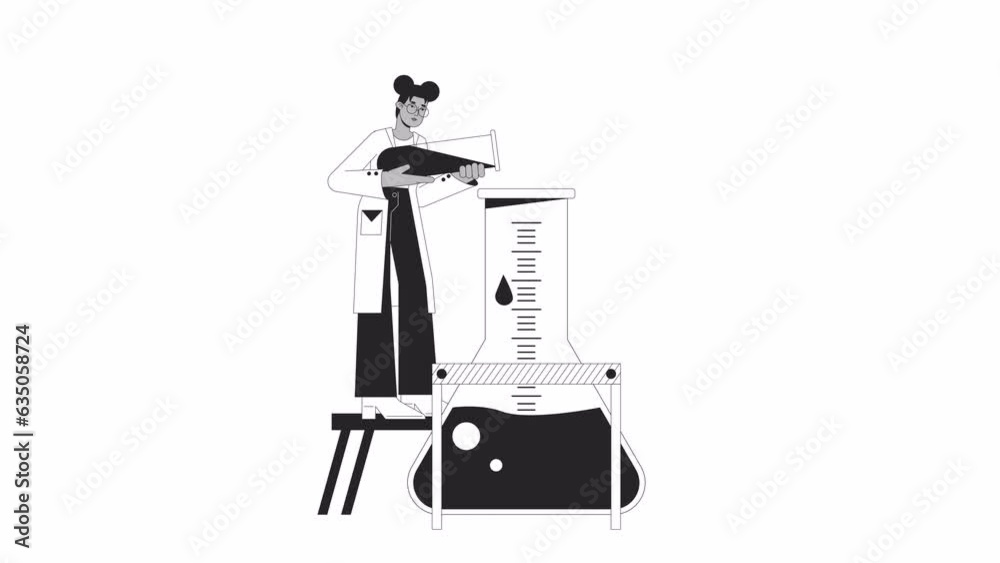 Black researcher pouring chemical into erlenmeyer flask bw outline 2D ...