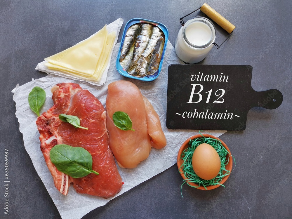 Healthy food rich in vitamin B12 (cobalamin). Natural food sources of ...