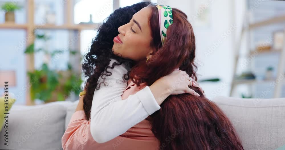 Home, friends and women on a couch, hug and empathy with compassion ...