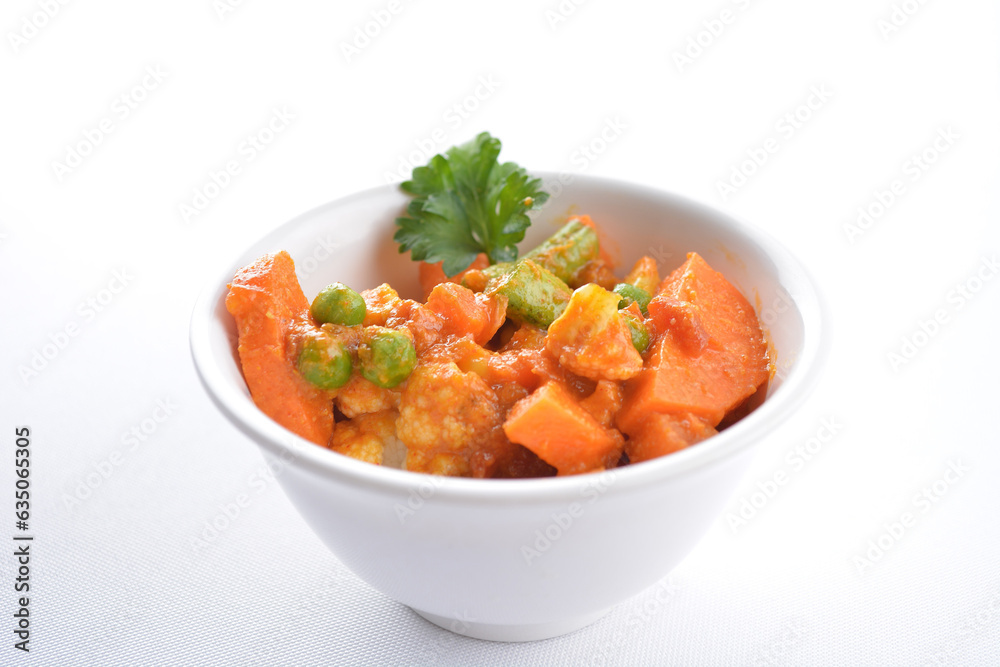 Indian mixed vegetable bean curry sauce nuts vegan dim sum in bowl on ...