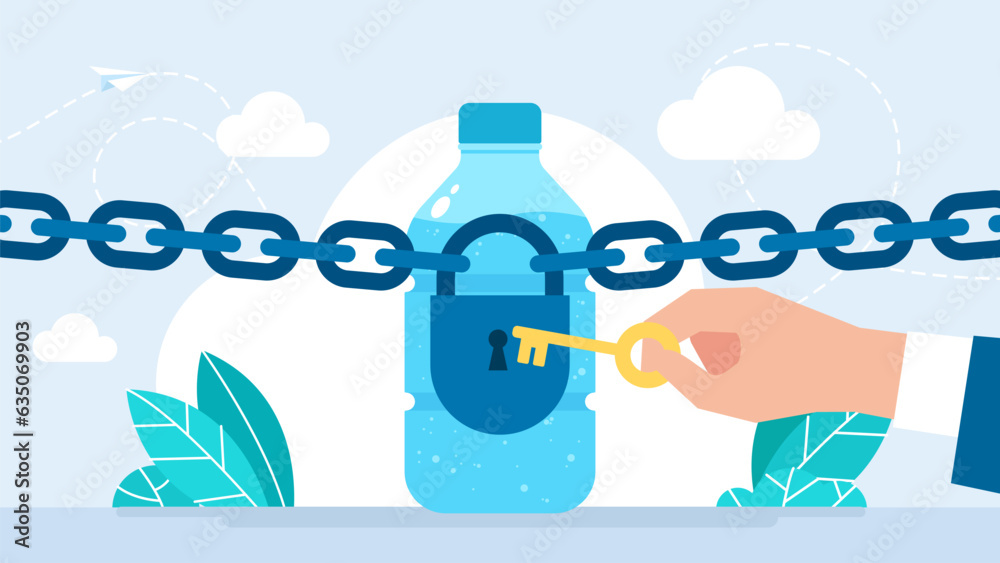 Bottle of water behind a chain with a closed lock. A man opens the lock ...