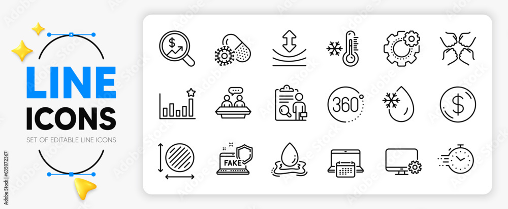 Calendar, Timer and Efficacy line icons set for app include Water splash, Fake internet, Circle ...