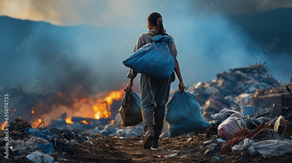 Garbage collector woman carries a big blue plastic bags in a landfill ...