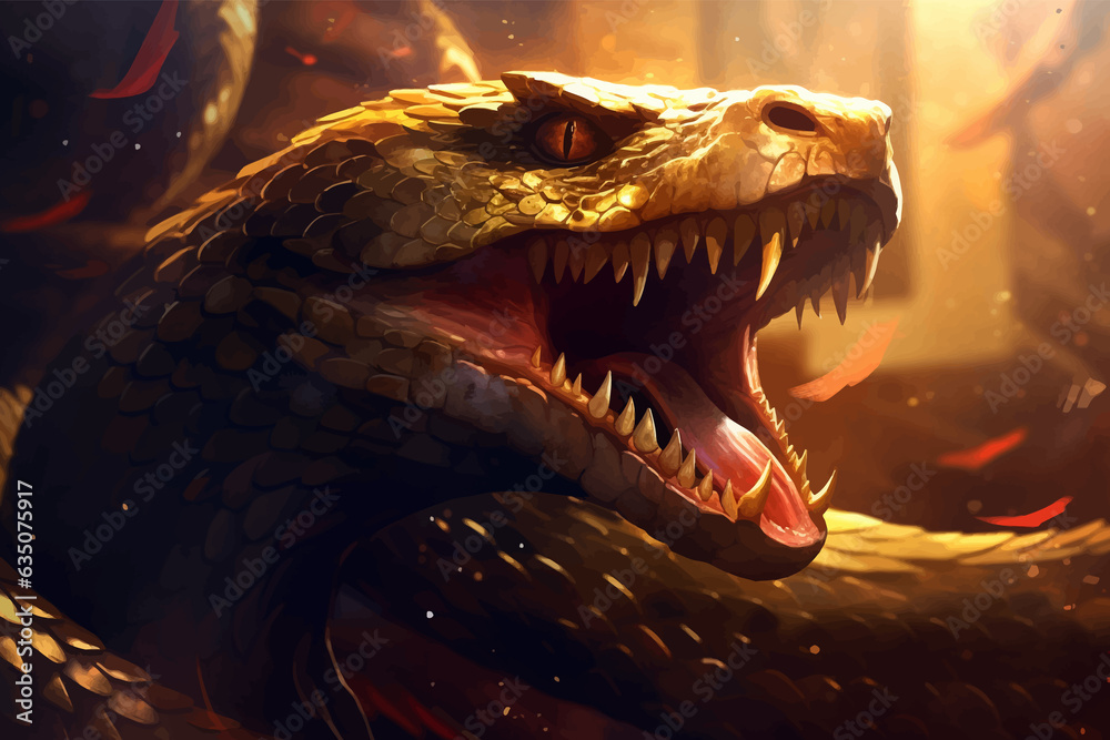 Snake head with sharp teeth in a forest. Dragon head. Fantasy Monster ...