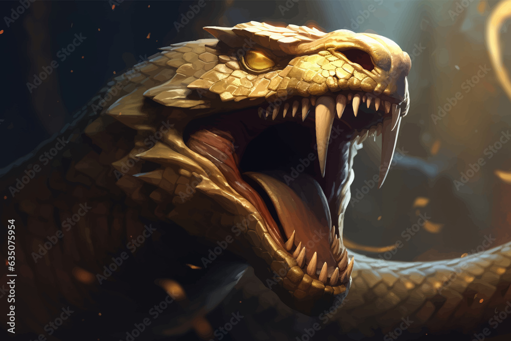 Snake head with sharp teeth in a forest. Dragon head. Fantasy Monster ...