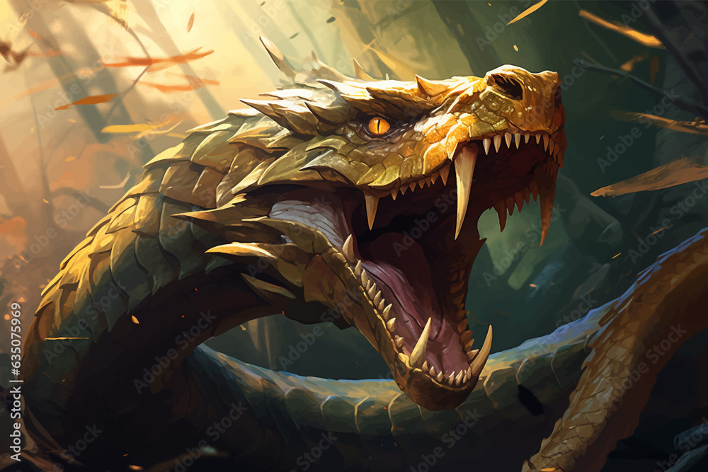 Snake head with sharp teeth in a forest. Dragon head. Fantasy Monster ...