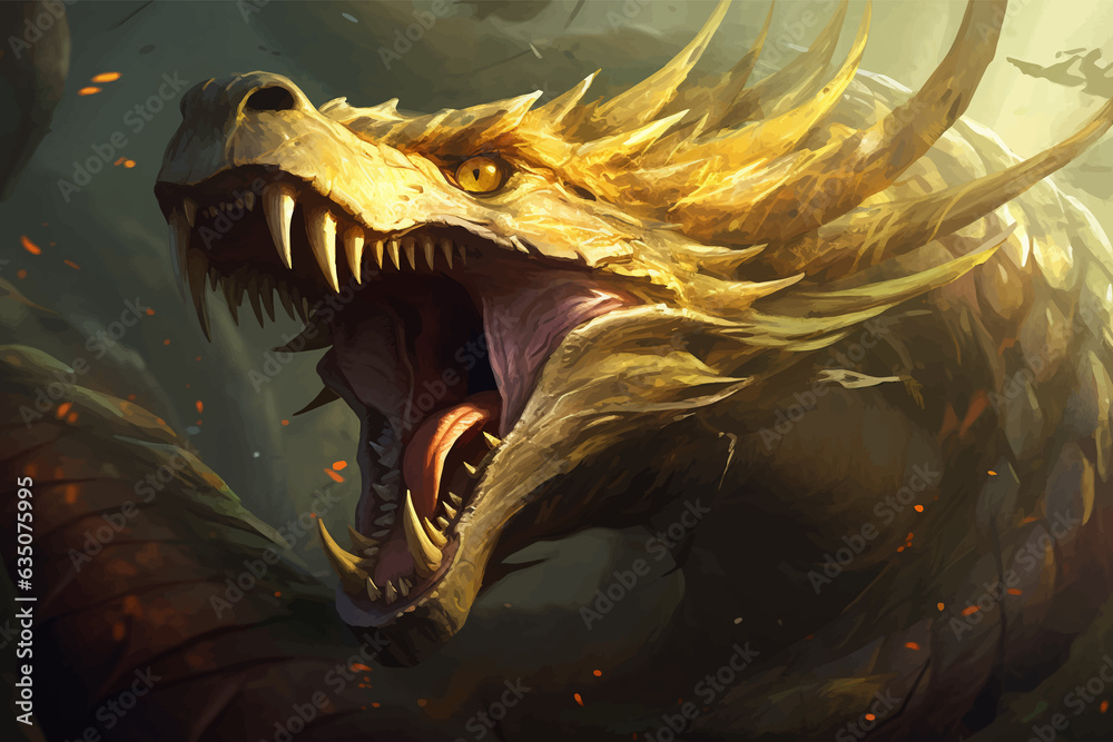 Snake head with sharp teeth in a forest. Dragon head. Fantasy Monster ...