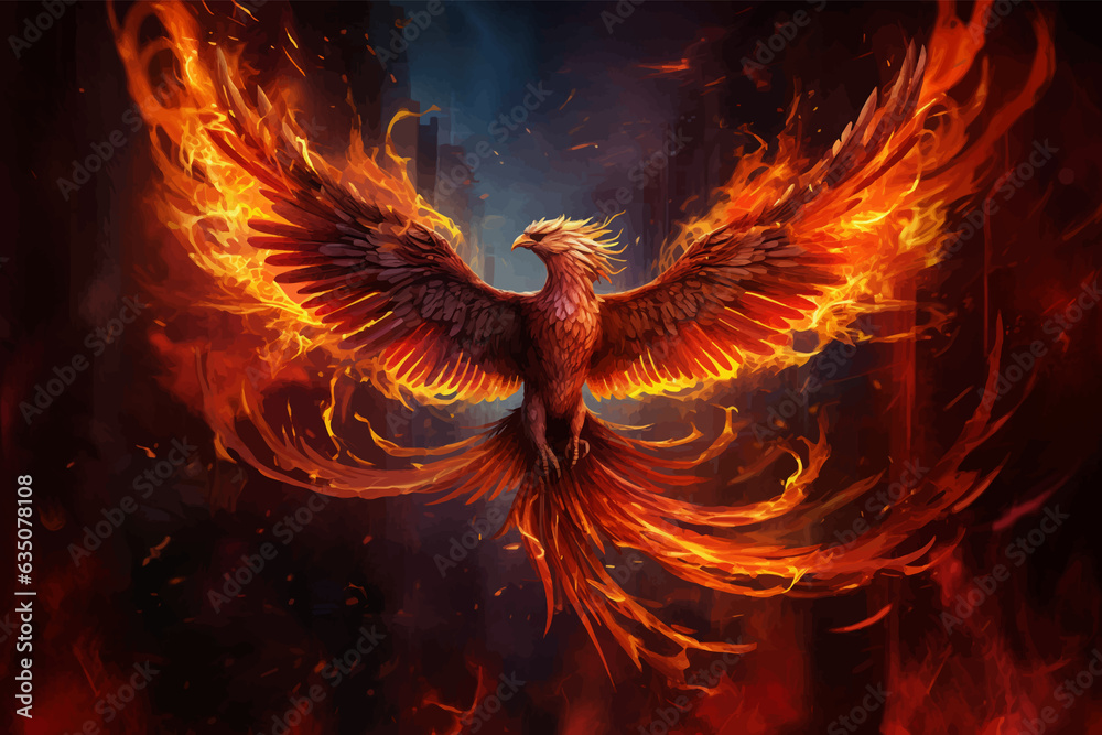 Phoenix. Fire Phoenix risen from the ashes. Firebird. Burning bird ...