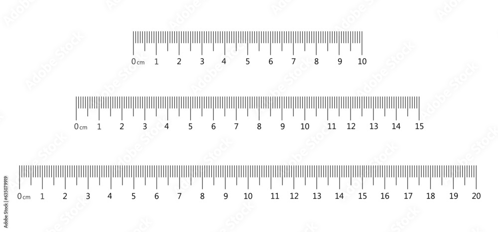 Measuring rulers in centimeters. Rulers for 10, 15, 20 cm. Vector scale ...
