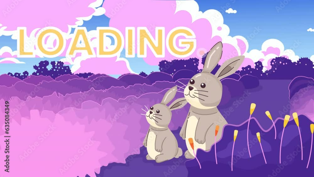 Rabbits in lavender field 2D loading animation. Bunnies watch fast ...