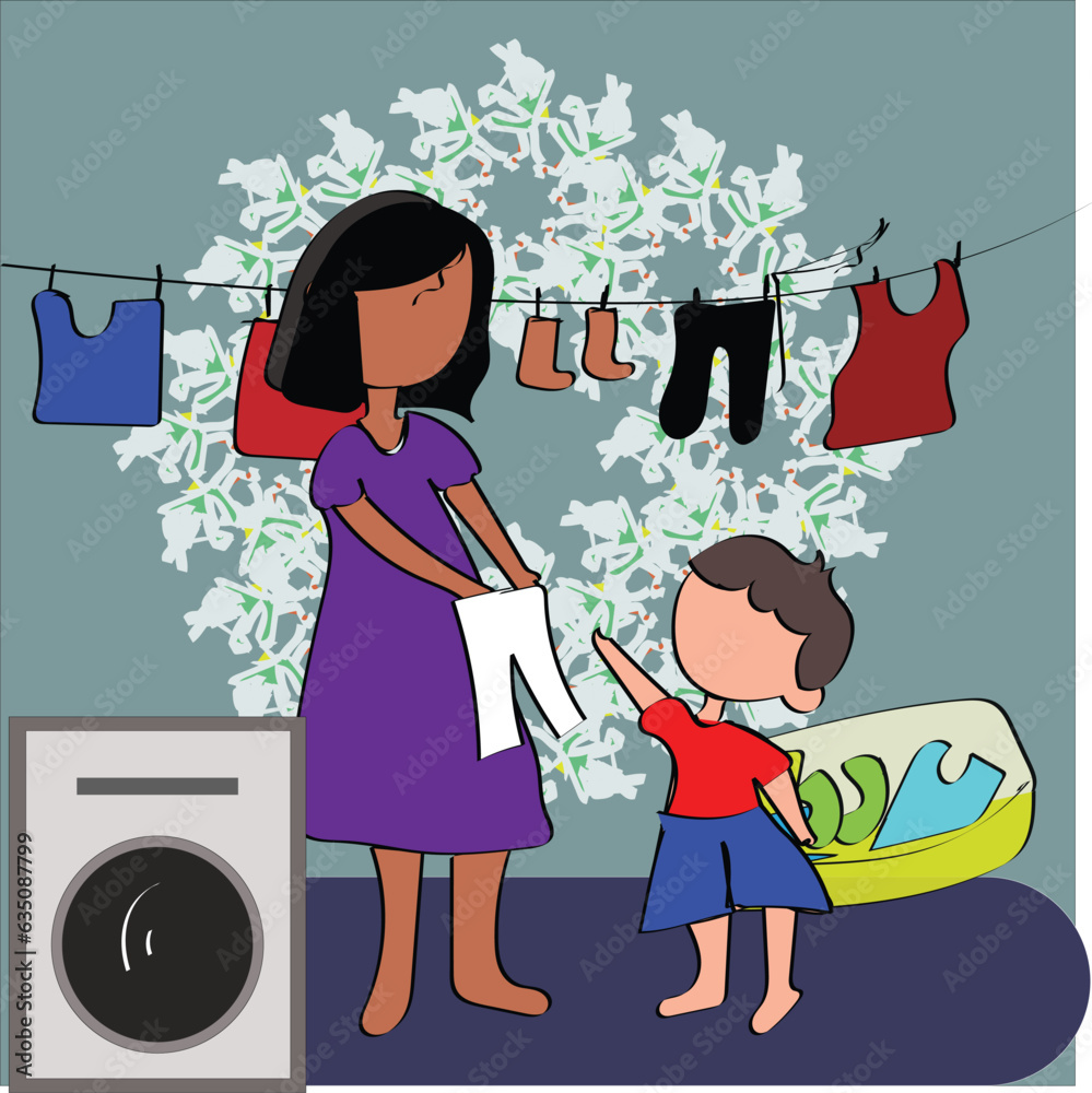 Mother and son doing laundry. Mother and son wash clothes in laundry ...