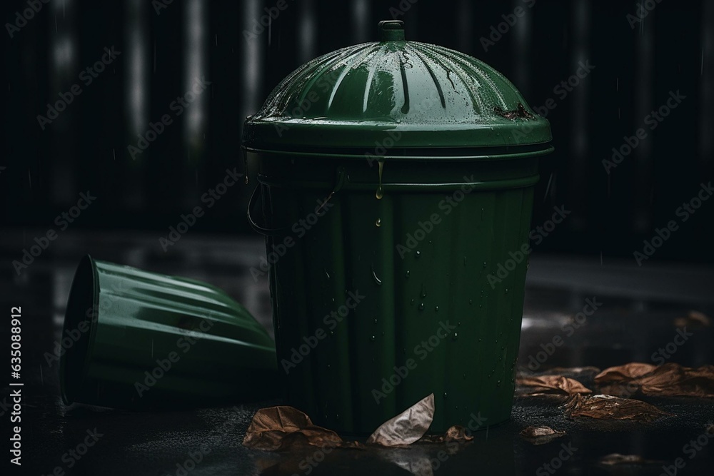 Sad green bin with trash on its lid. Generative AI Stock Illustration ...