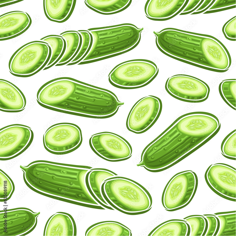 Vector Cucumber Seamless Pattern, repeating background with sliced ripe ...