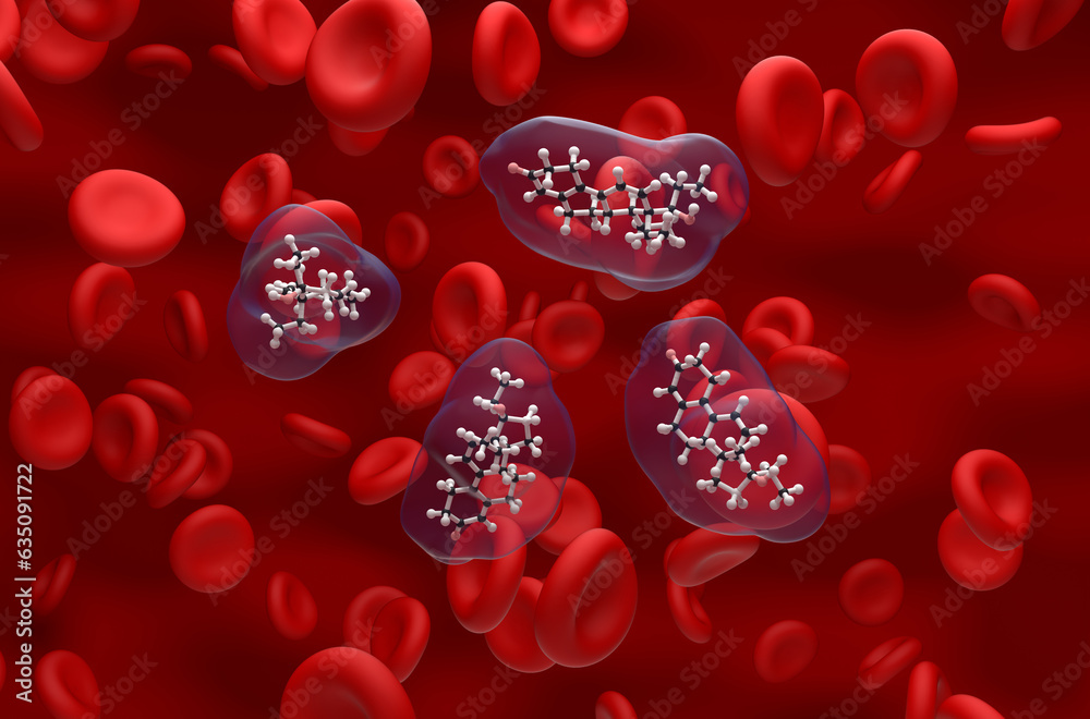 Tetrahydrogestrinone (THG) structure in the blood flow – ball and stick ...