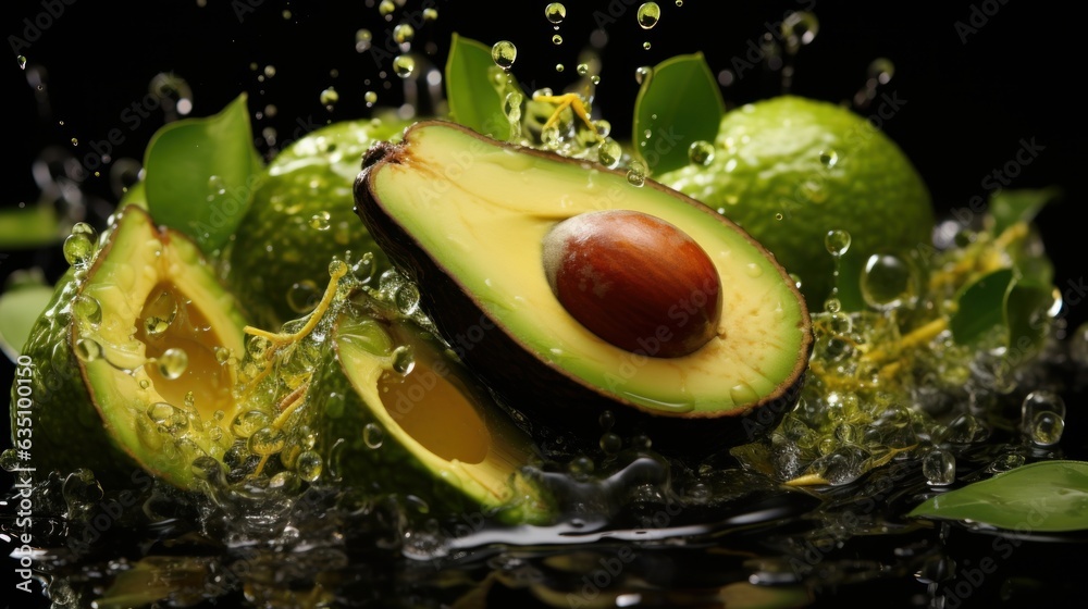 Avocado splash on black background, hyper realistic and high resolution ...
