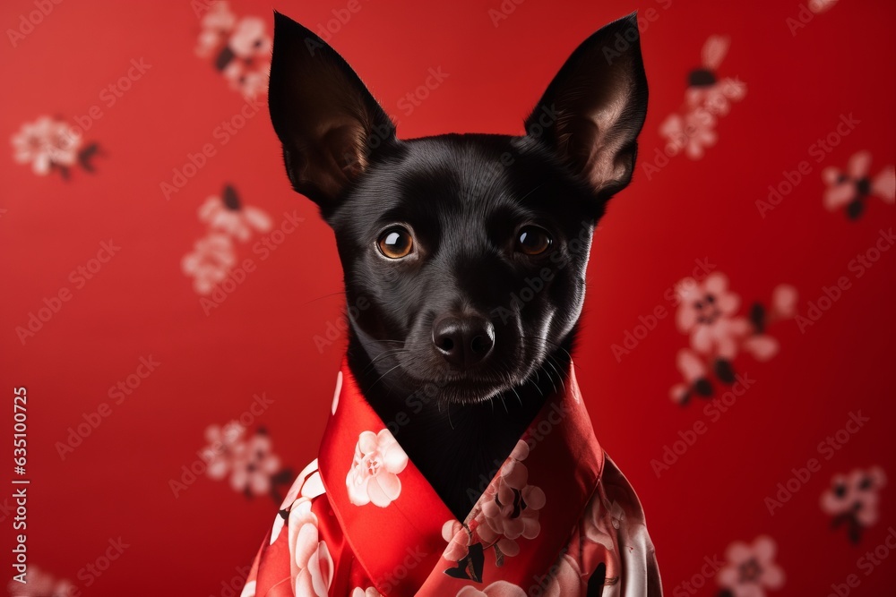 A studio portrait of a funky basenji dog wearing red japanese kimono on ...