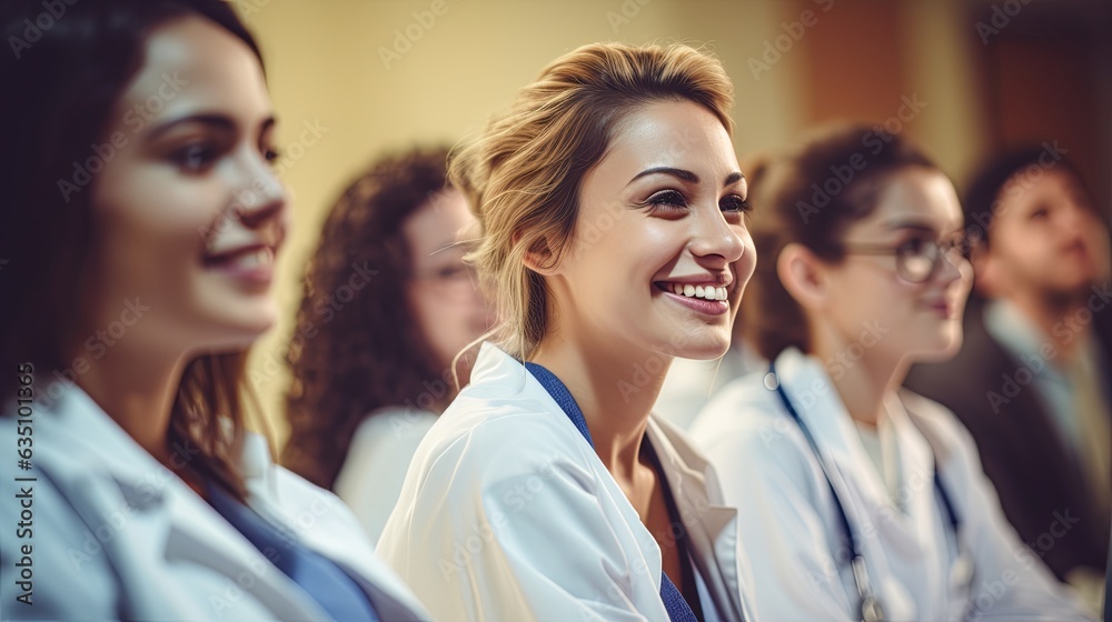 smiling cheerful nurse doctor sit relax in seminar training class nurse ...