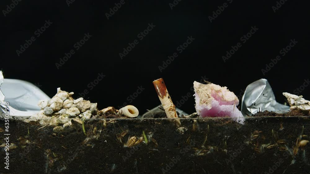 Green shoots are emerging amidst the polluted earth, captured up close ...