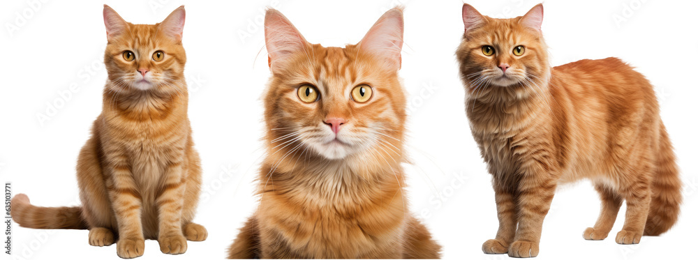 Collection of three cats with red fur, animal bundle isolated on white ...