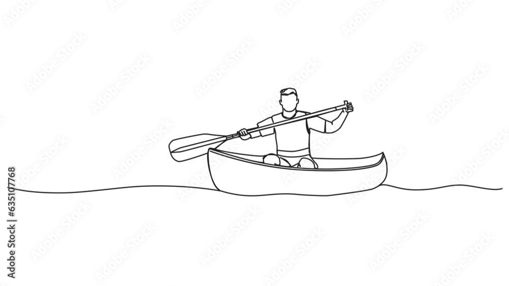 animated continuous single line drawing of man paddling in canoe on ...