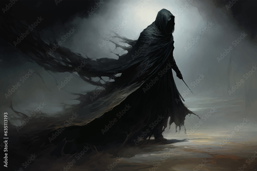 Death in black cloak. Death in black clothes with black hood. Grim ...