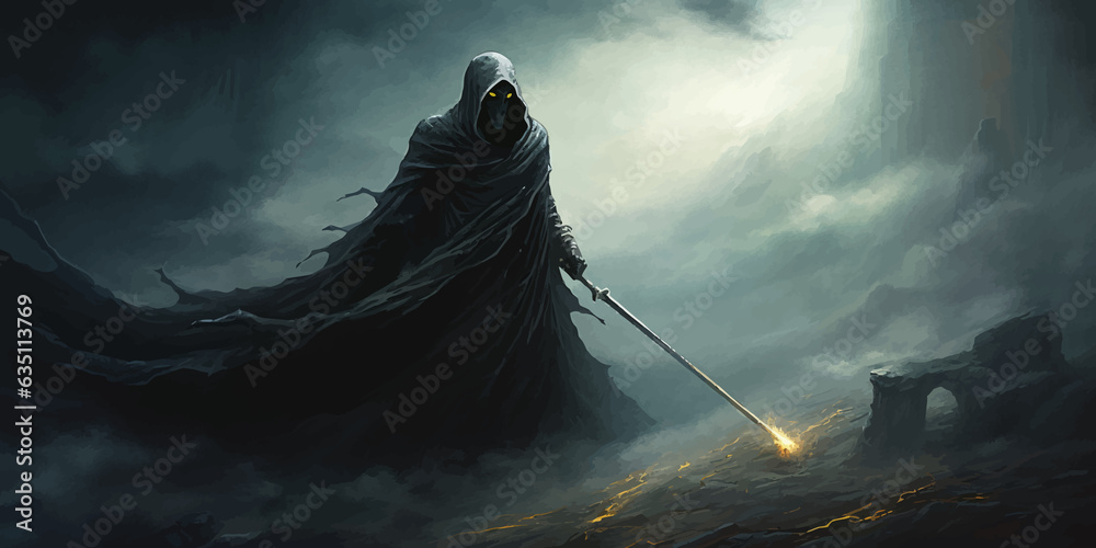 Death in black cloak. Death in black clothes with black hood. Grim ...