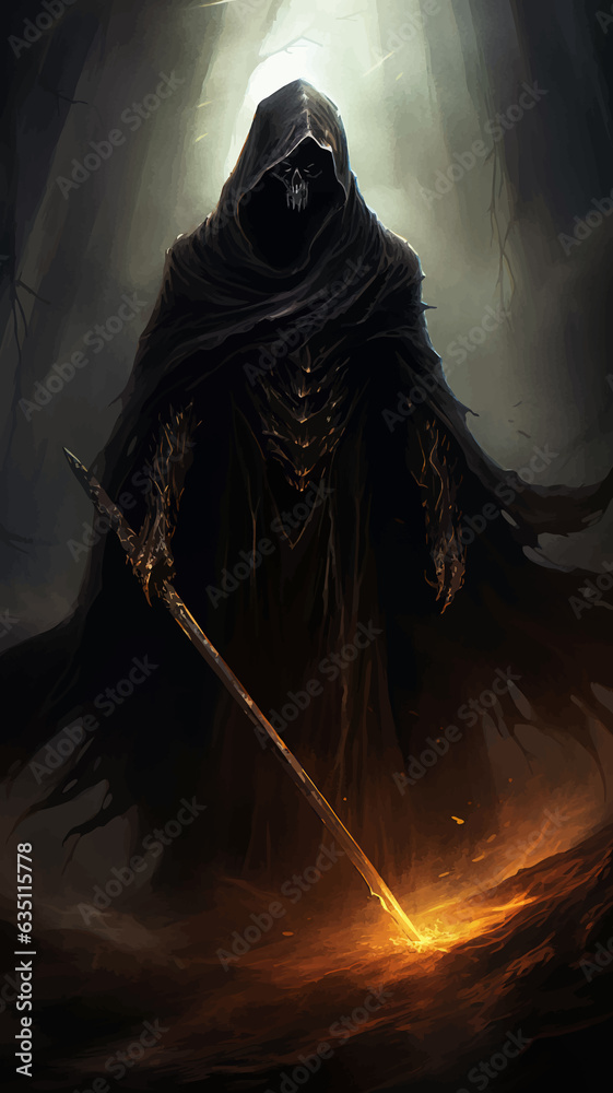 Death in black cloak. Death in black clothes with black hood. Grim ...