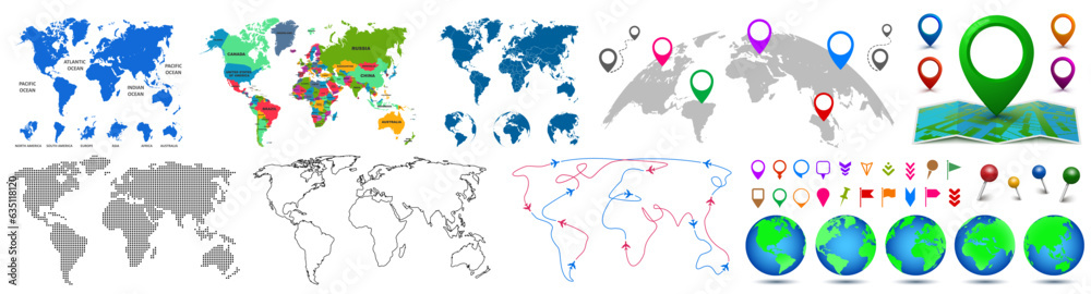 Set World Map Earth Planet, colourful world countries and country names ...