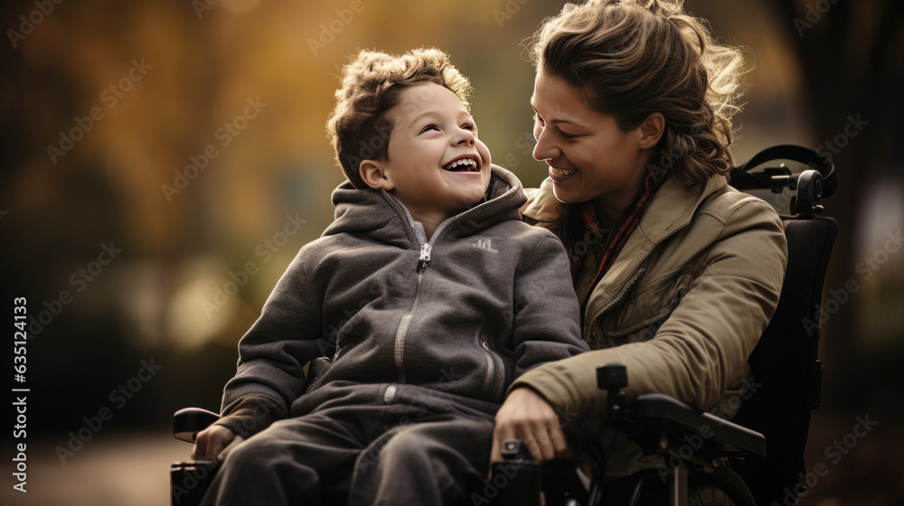 Parents with disabilities on modern wheelchairs communicate with their ...