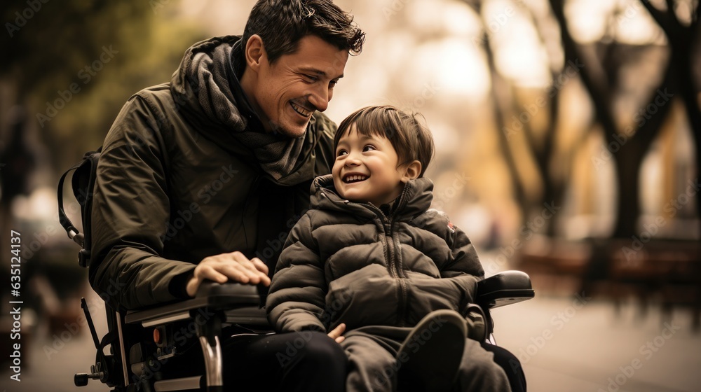 Parents with disabilities on modern wheelchairs communicate with their ...